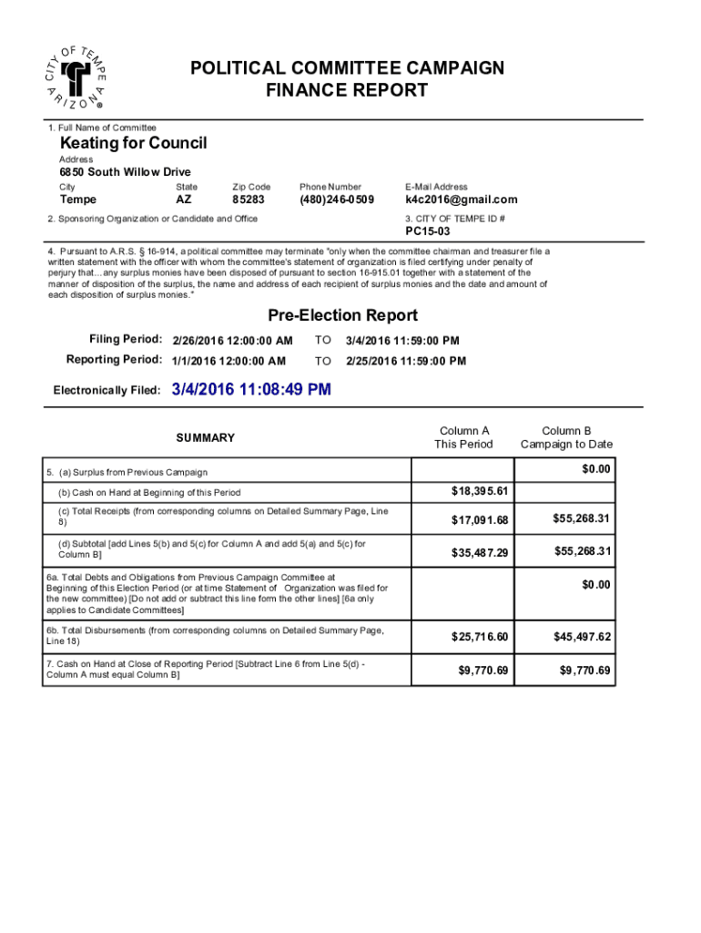 Fillable Online campaignfinance tempe Form 410 - Fair Political ...