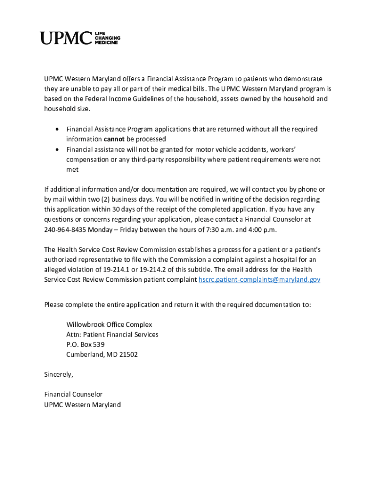 Fillable Online UPMC Western Maryland offers a Financial Assistance ...