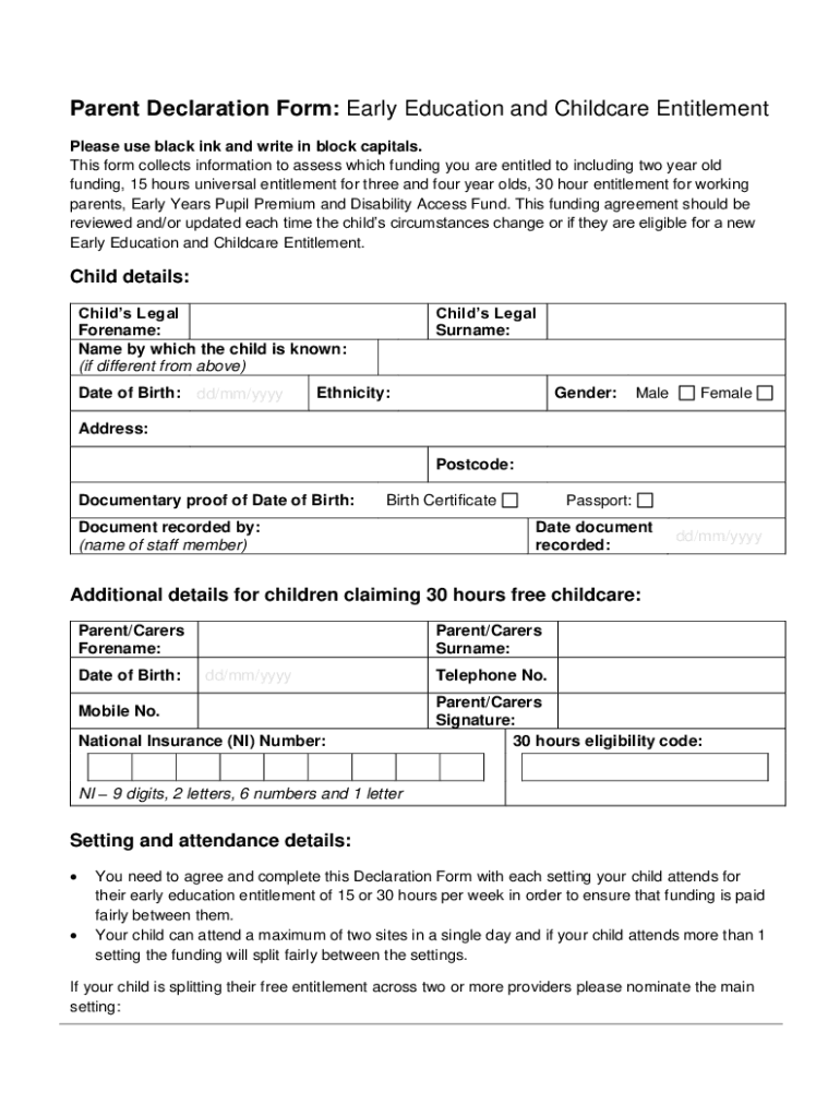 Fillable Online Parent Declaration Form: Early Years, Disability Access ...