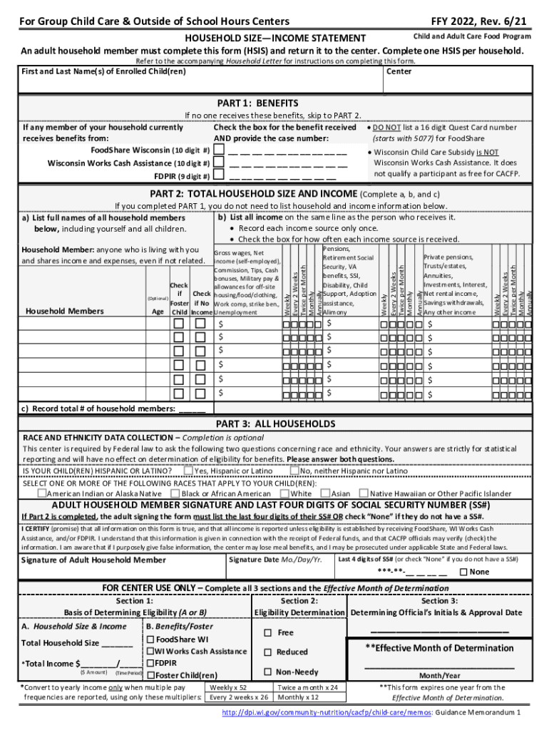 Fillable Online dpi wi Household Size-Income Statement. Household Size ...
