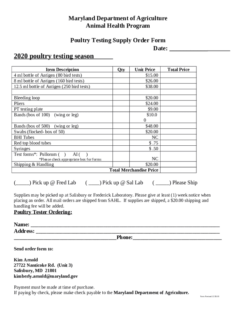 Poultry Supply Order - mda maryland Doc Template | pdfFiller
