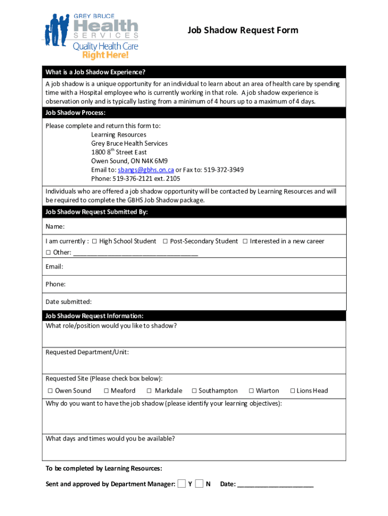 Fillable Online Job Shadow Request Form - gbhs.on.ca Fax Email Print ...
