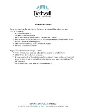 Fillable Online Job Shadow Checklist - brhc.org Fax Email Print - pdfFiller