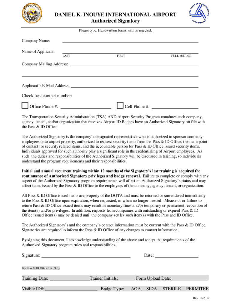 Fillable Online DANIEL K. INOUYE INTERNATIONAL AIRPORT Authorized Signatory Fax Email Print ...
