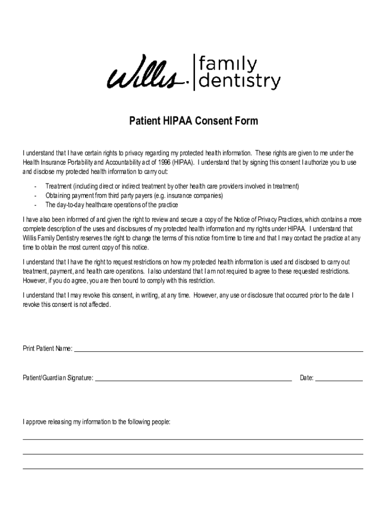 Fillable Online Patient HIPAA Consent Form - Willis Family Dentistry ...
