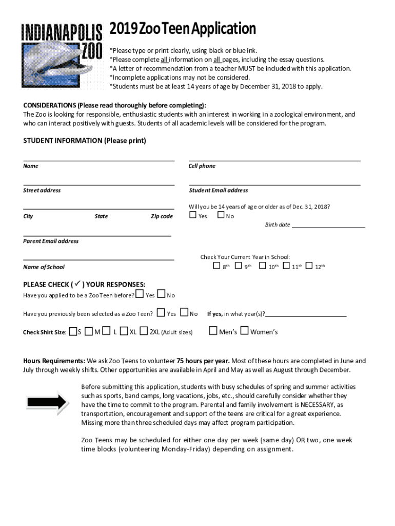 Fillable Online Zoo Teen Application 2019 - Indianapolis Zoo Fax Email ...