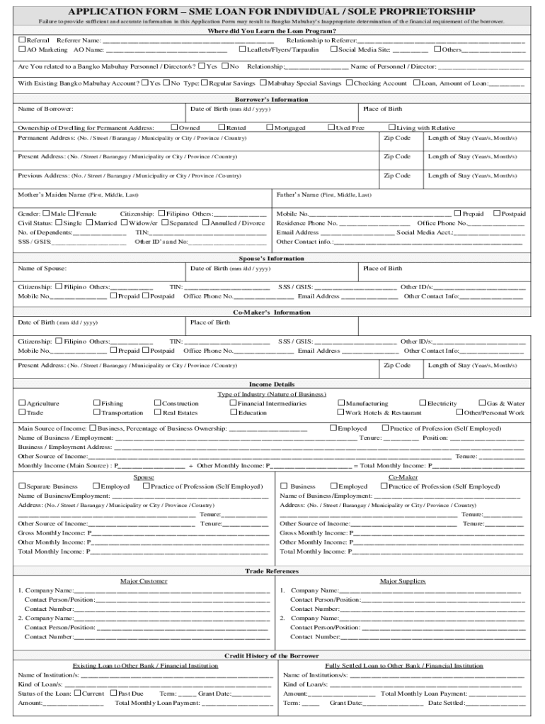 Fillable Online APPLICATION FORM SME LOAN FOR INDIVIDUAL / SOLE PROPRIETORSHIP Fax Email Print ...