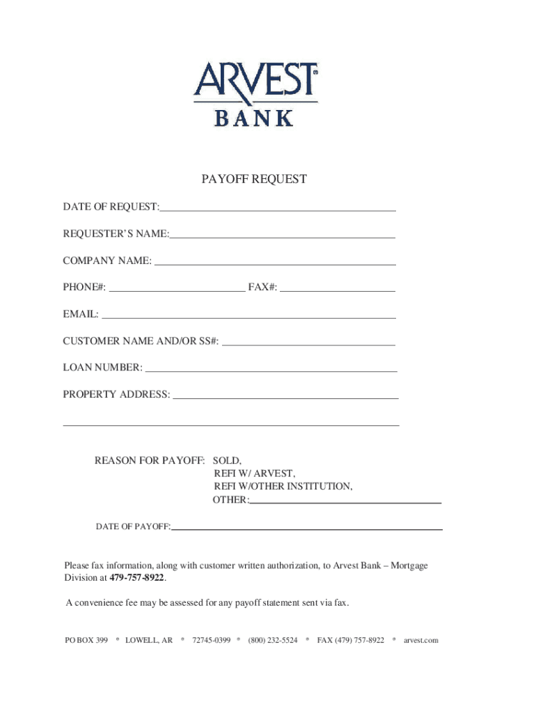 Fillable Online AMD Payoff Request Form - Arvest Bank Fax Email Print - pdfFiller