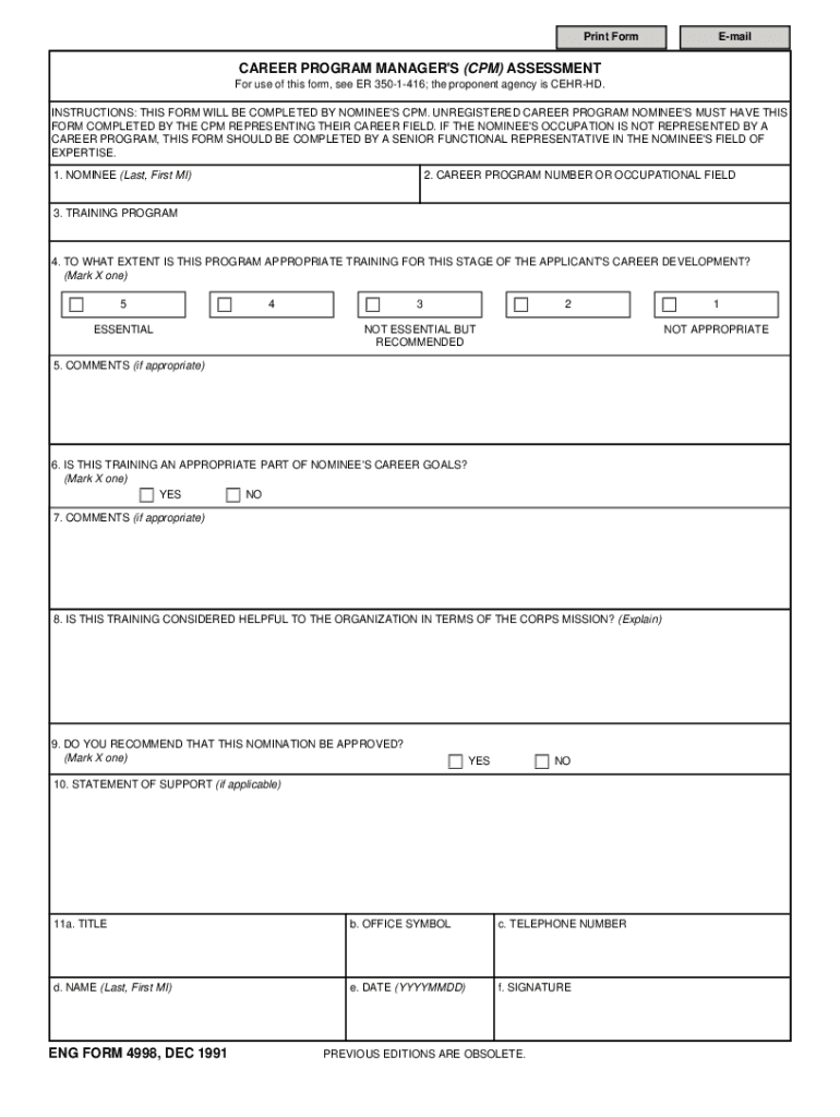 Fillable Online ENG FORM 4998 Career Program Managers CPM Assessment ...