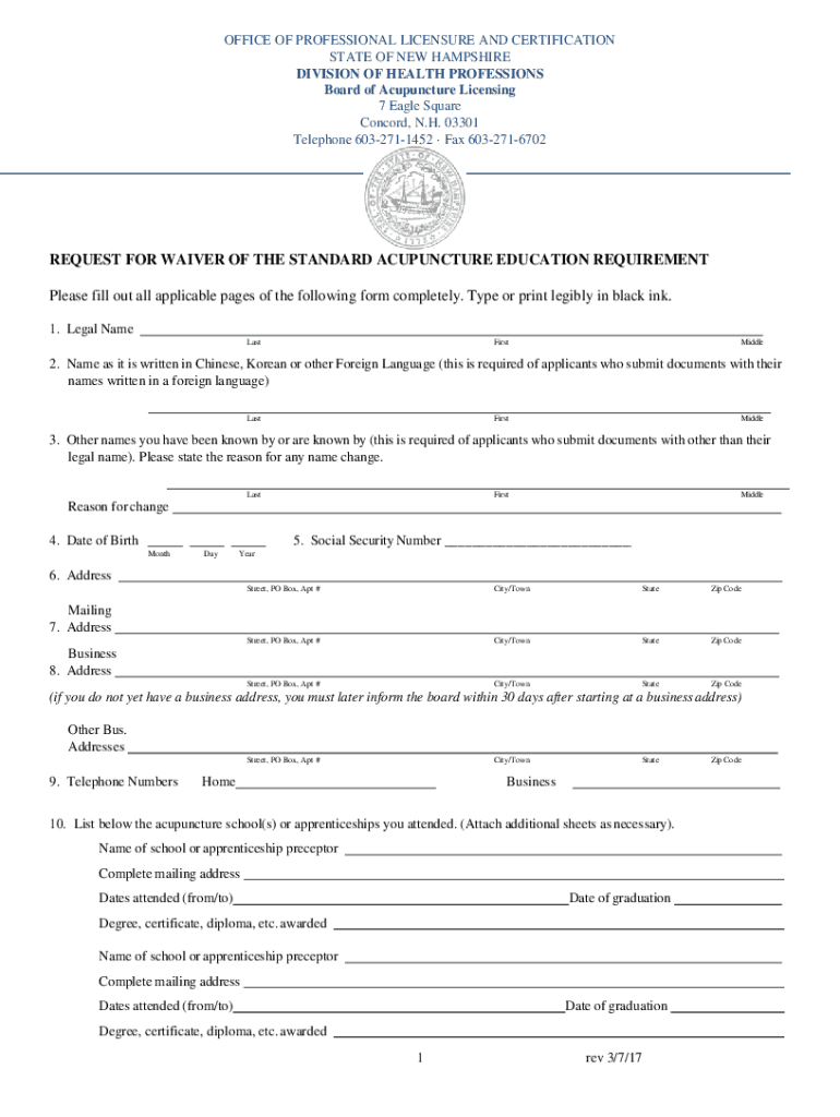 Fillable Online REQUEST FOR WAIVER OF THE STANDARD ACUPUNCTURE ... Fax ...