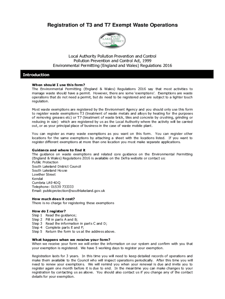 Fillable Online Application Register T3 and T7 Exempt Waste Operations ...