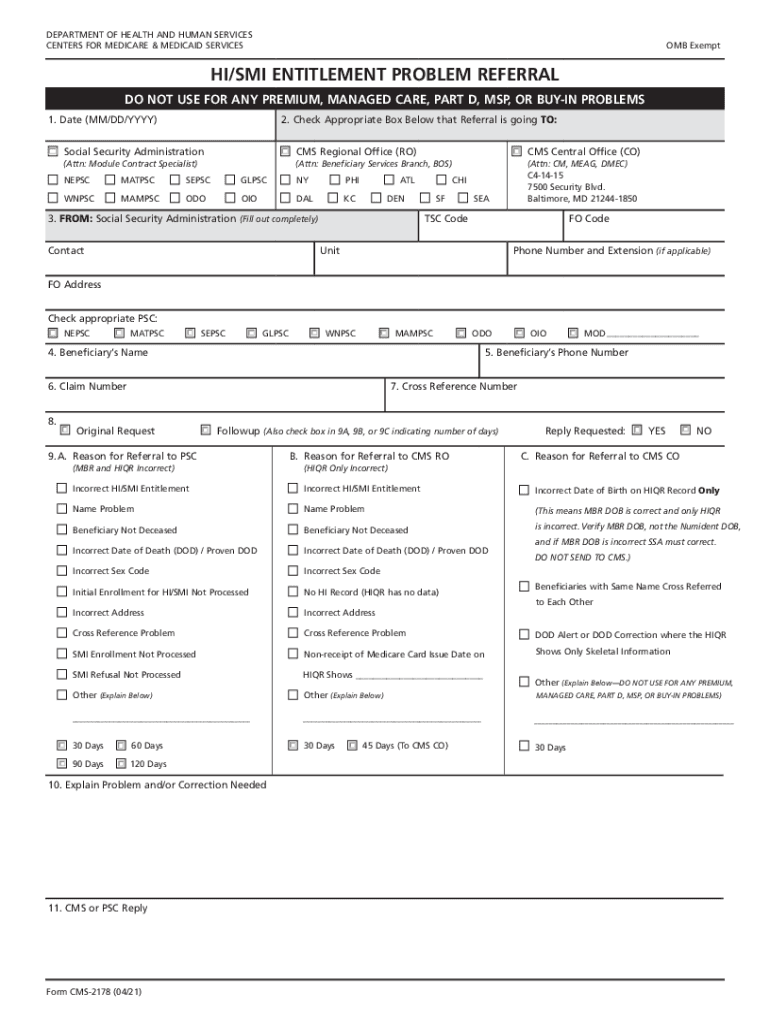 Fillable Online secure ssa Form CMS-2178 HI/SMI Entitlement Problem ...