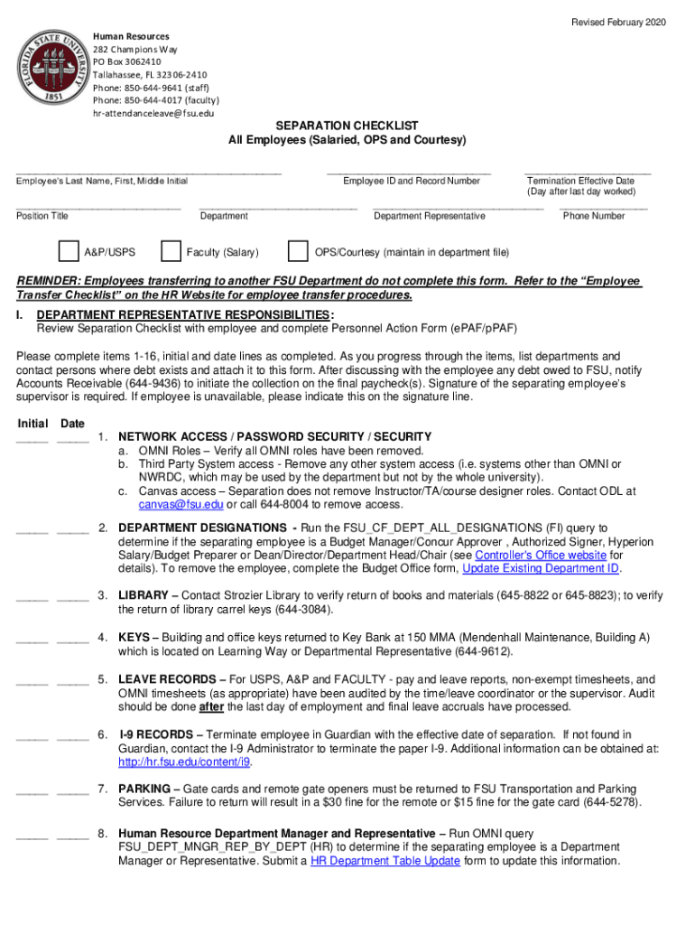 Fillable Online hr fsu SEPARATION CHECKLIST All Employees (Salaried ... - hr.fsu.edu Fax Email ...