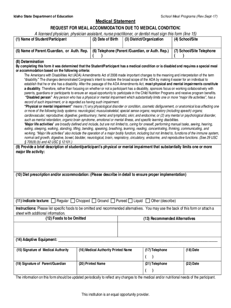 Fillable Online Medical Statement Form for Food Accomodations Fax Email ...