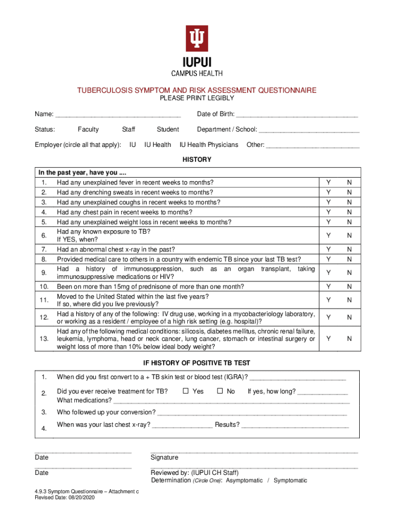 Fillable Online health iupui TUBERCULOSIS SYMPTOM AND RISK ASSESSMENT ...