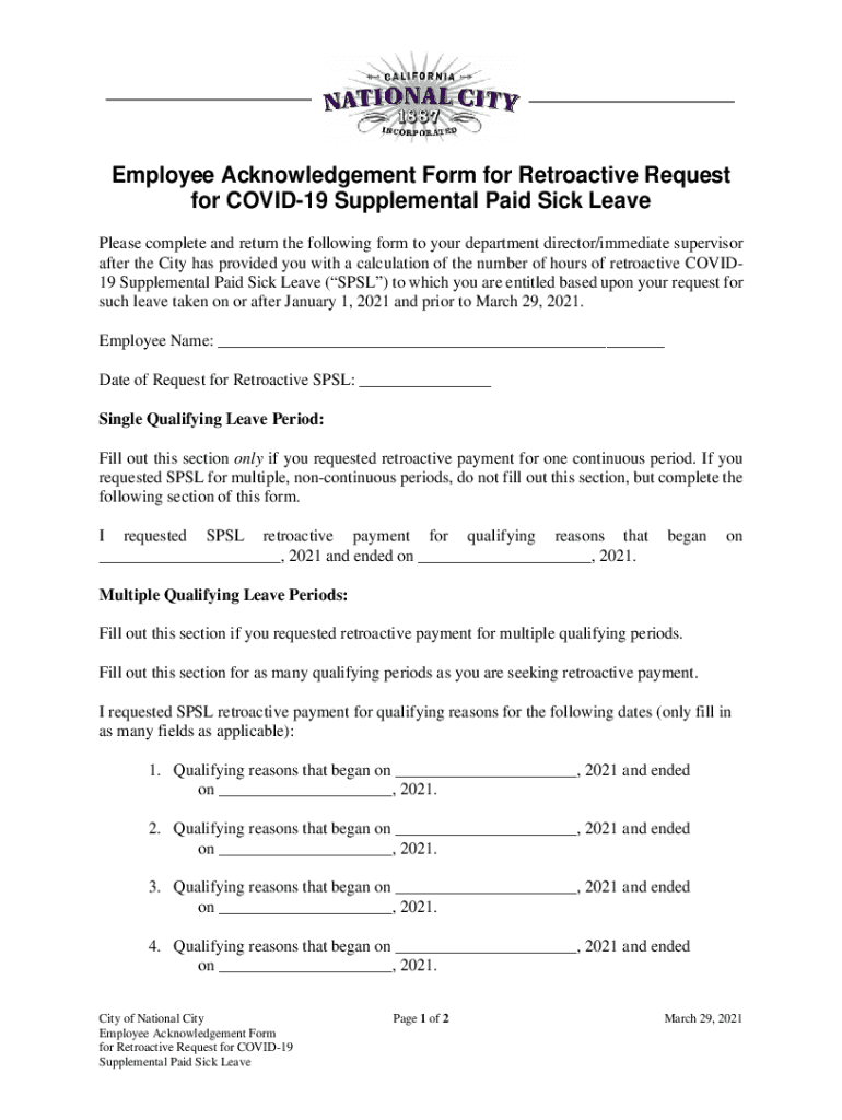 Fillable Online FINAL Employee Acknowledgement Form for Retroactive ...