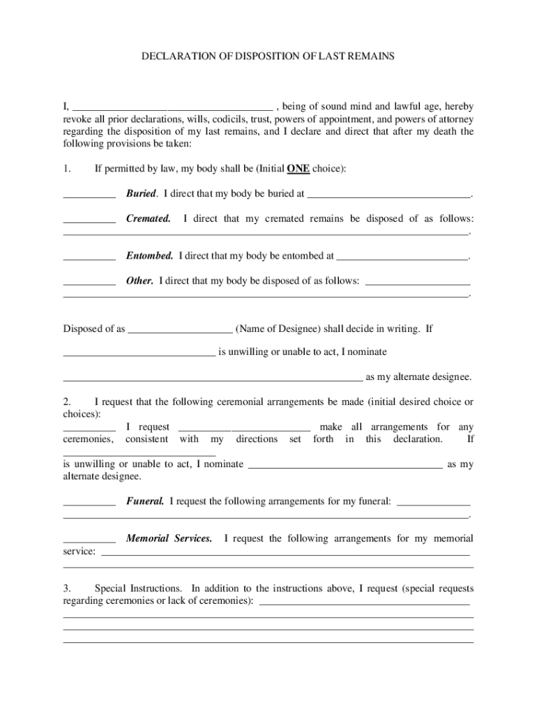 Fillable Online 265 Declaration of Disposition of Last Remains; form ...