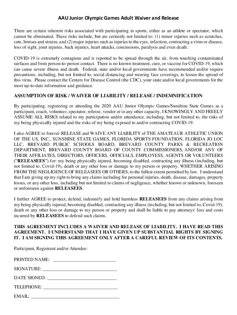 Fillable Online image aausports AAU Junior Olympic Games Adult Waiver ...