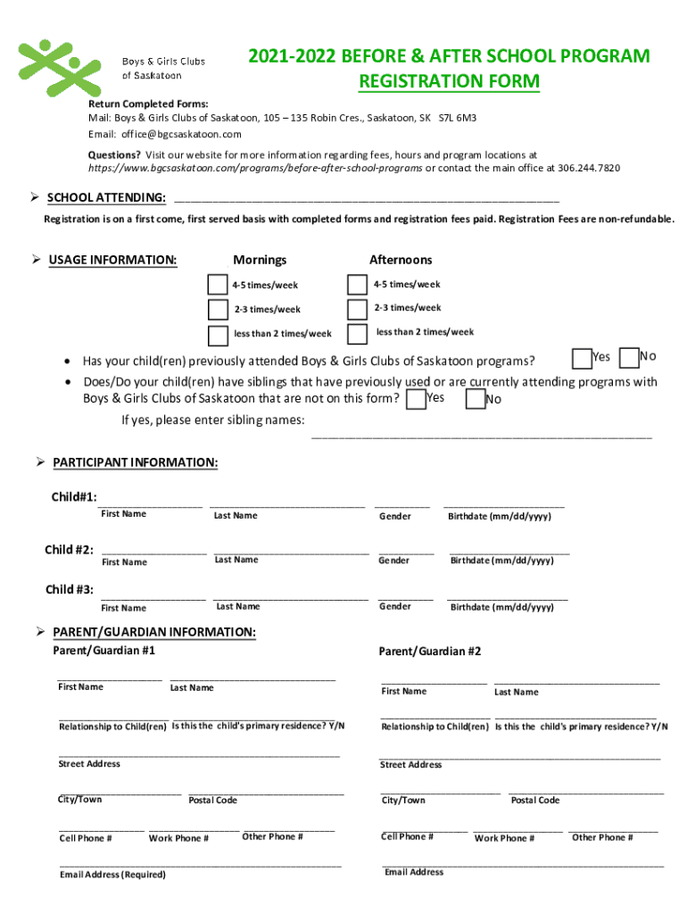 Fillable Online BEFORE & AFTER SCHOOL PROGRAM REGISTRATION FORM Fax ...