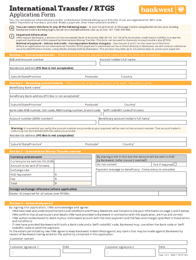 International Transfer or Real Time Gross Settlements Application Form ...