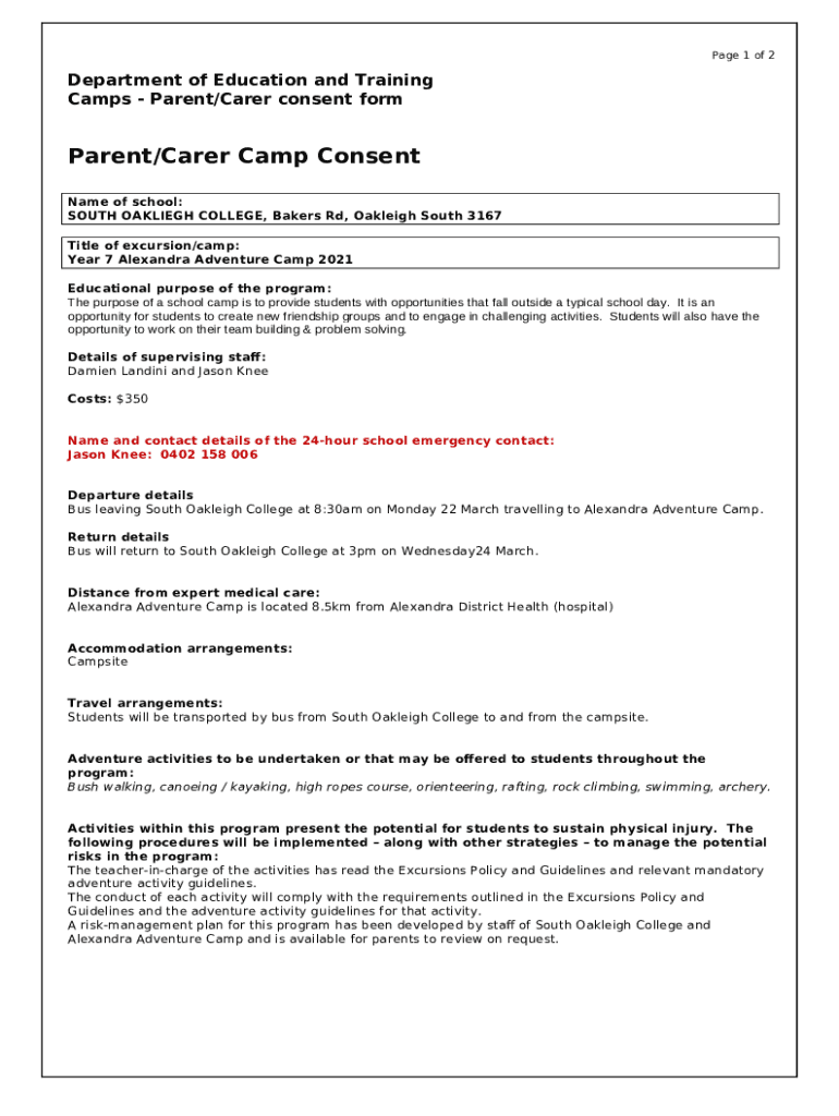 Parent Excursion Consent - South Oakleigh College Doc Template | pdfFiller