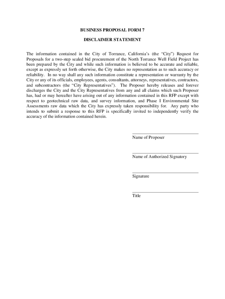 Fillable Online BUSINESS PROPOSAL FORM 7 DISCLAIMER STATEMENT The ...