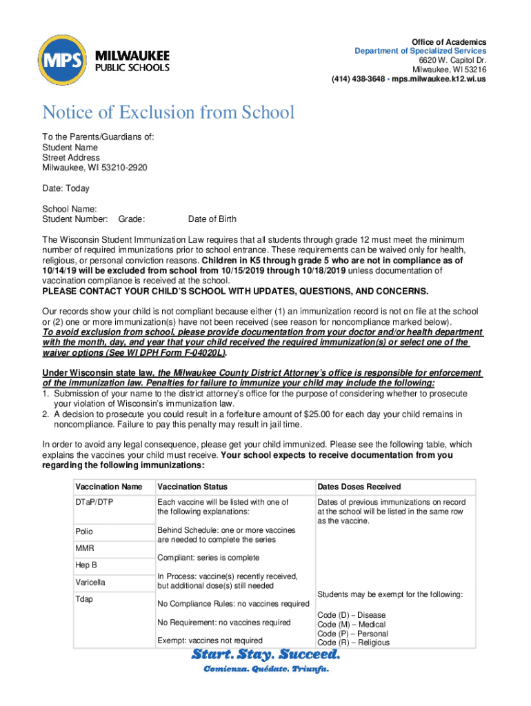 Fillable Online Notice of Exclusion from School - MPS: Milwaukee Public ...