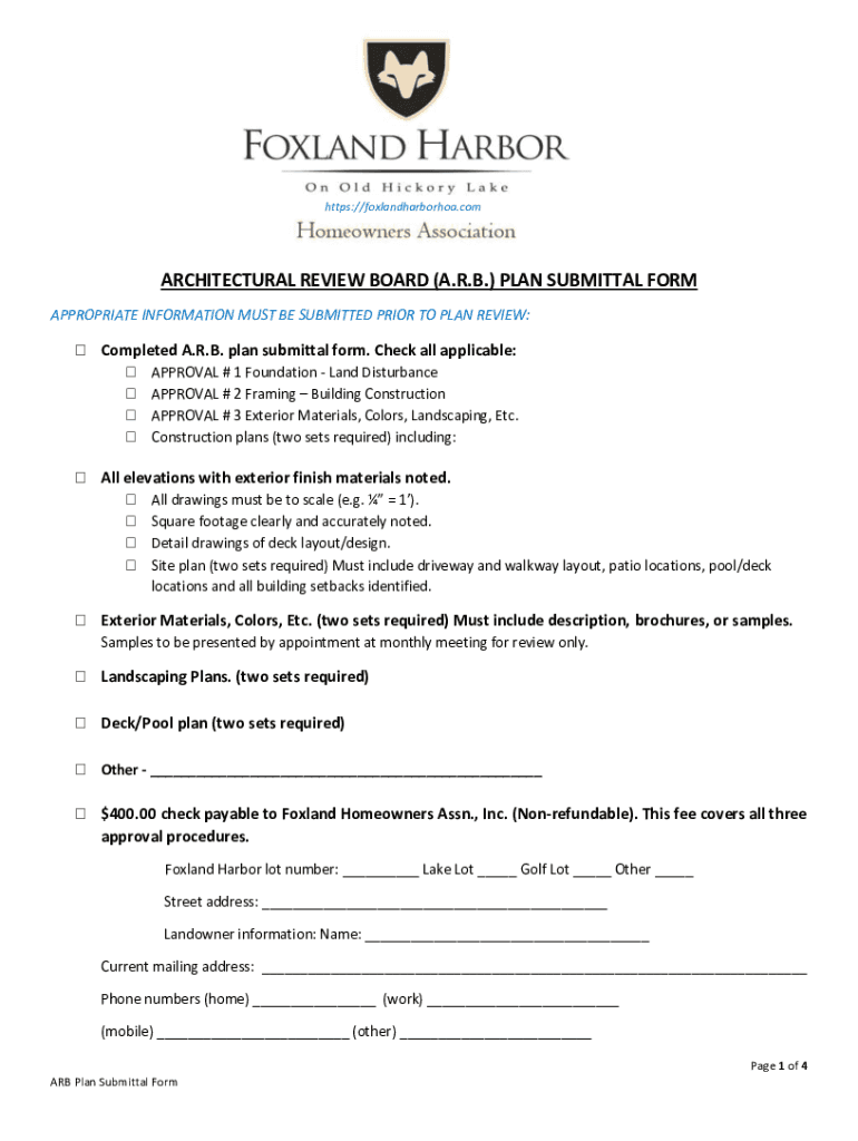 Fillable Online ARCHITECTURAL REVIEW BOARD (A.R.B.) PLAN SUBMITTAL FORM ...