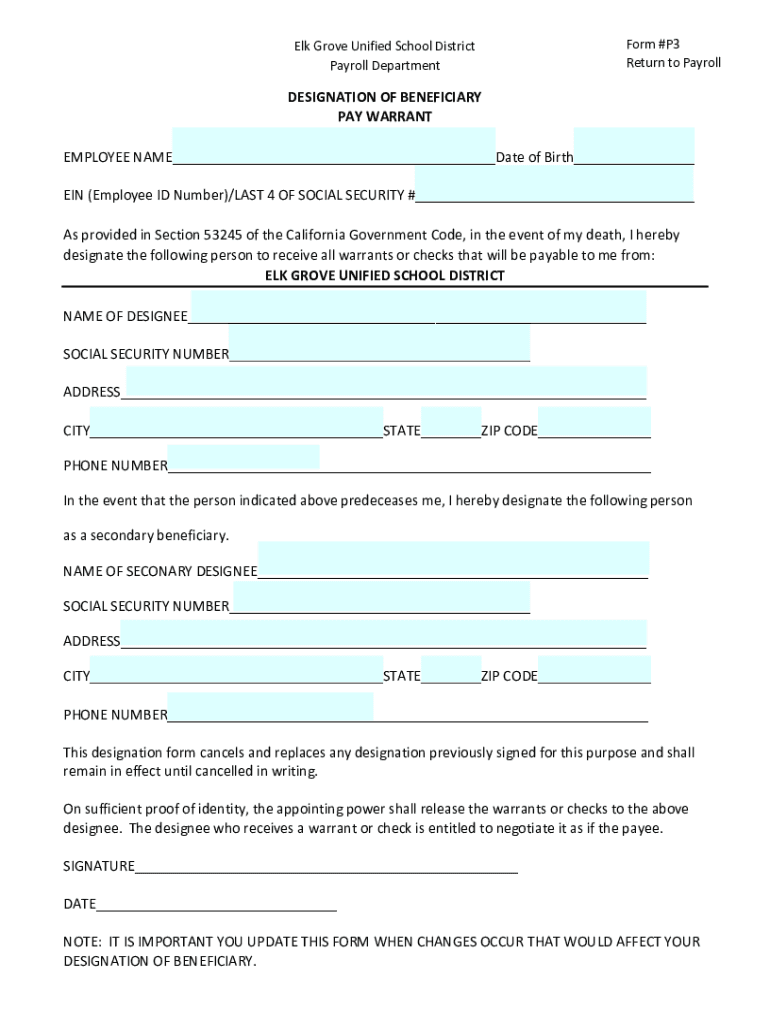 Fillable Online DESIGNATION OF BENEFICIARY PAY WARRANT Fax Email Print ...