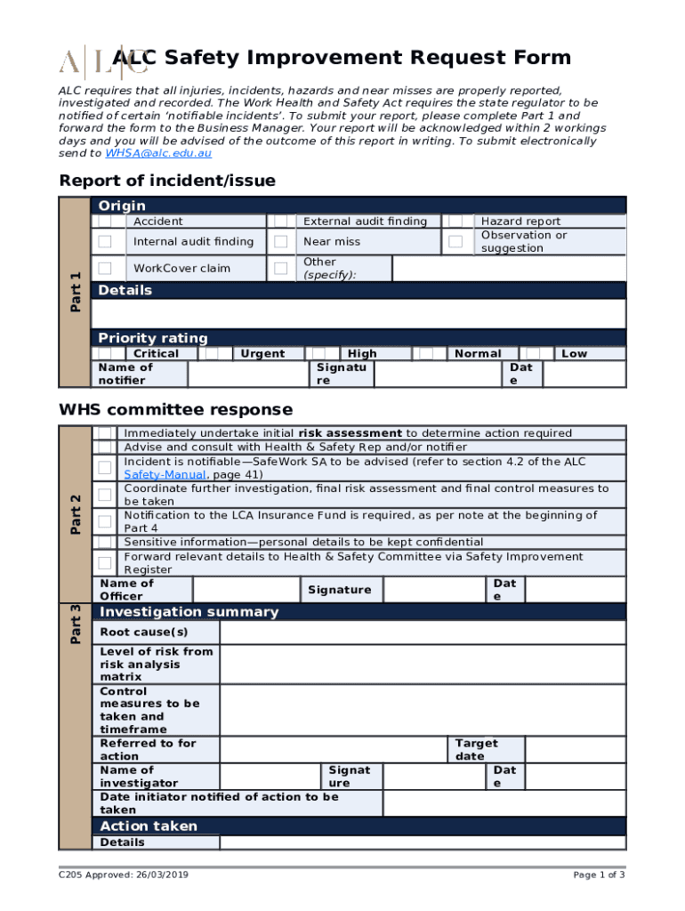 Safety improvement request . Safety improvement request (incident ...