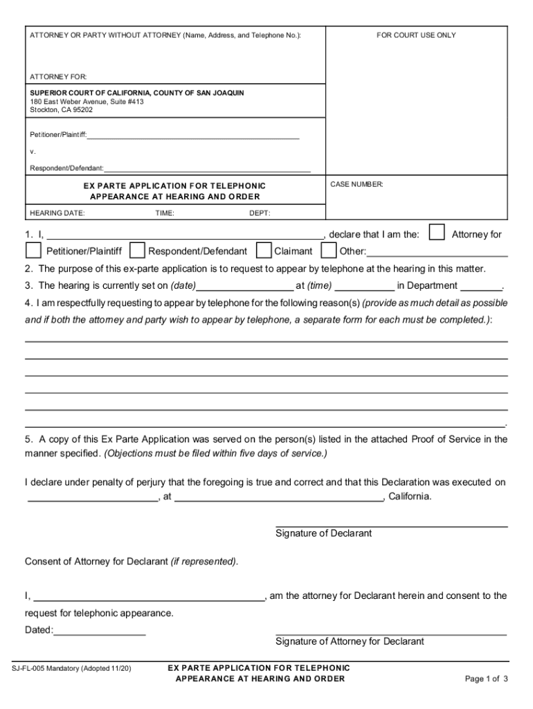 Fillable Online EX PARTE APPLICATION FOR TELEPHONIC APPEARANCE AT ...