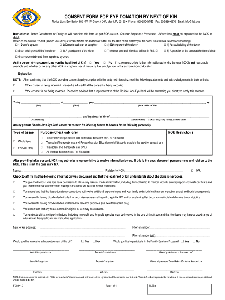 Fillable Online PDF CONSENT FORM for EYE DONATION - Florida Lions Eye ...