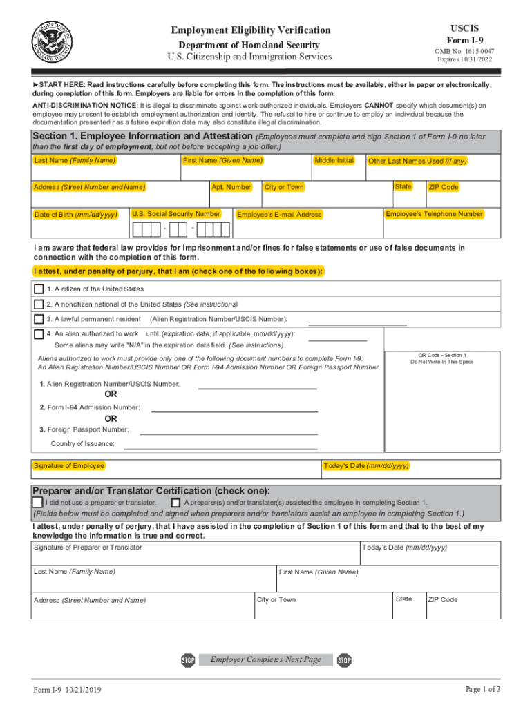 Fillable Online USCIS FORM I 9 Employment Eligibility Verification ...