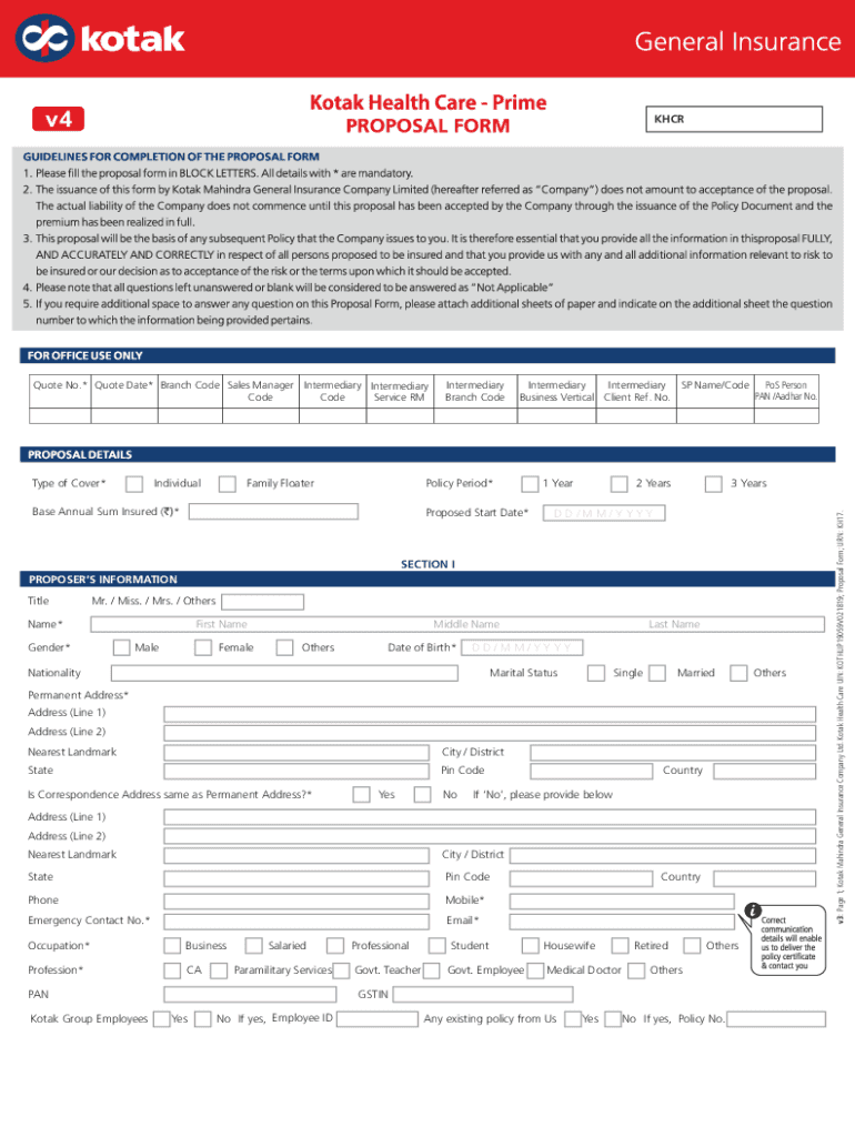 Fillable Online Kotak Health Care - Proposal form- Prime - GO GREEN ...