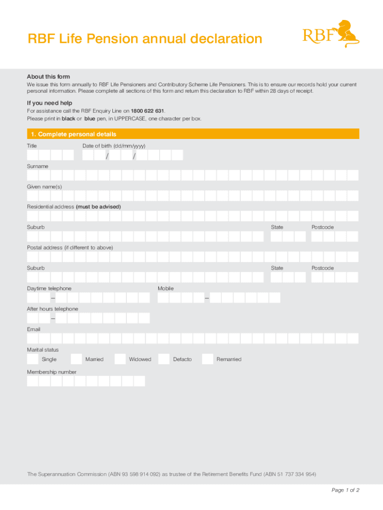 Fillable Online Rbf Life Pension Annual Declaration Form - Fill and ...