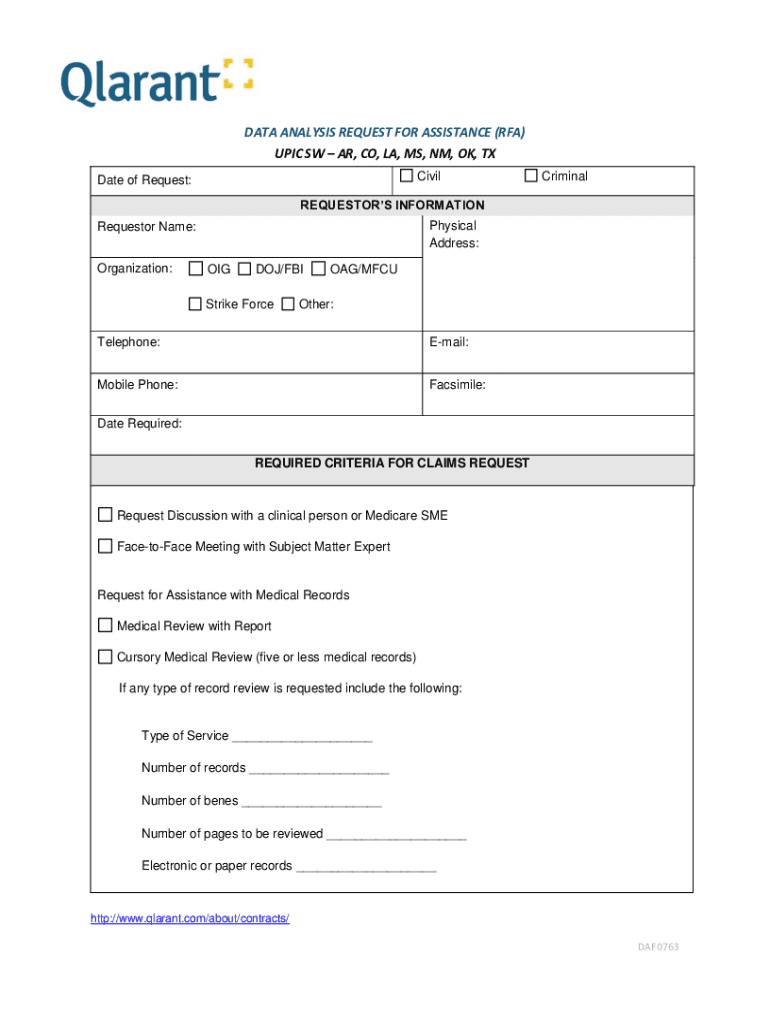 Fillable Online DATA ANALYSIS REQUEST FOR ASSISTANCE (RFA) UPIC SW AR, CO ... Fax Email Print ...