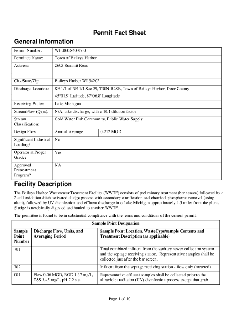 Fillable Online dnr wisconsin WPDES Permit Fact Sheet for Baileys Harbor WI-0035840-07-0 Fax ...