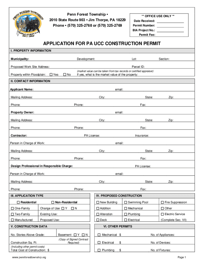 Fillable Online APPLICATION FOR PA UCC CONSTRUCTION ... - Penn Forest ...