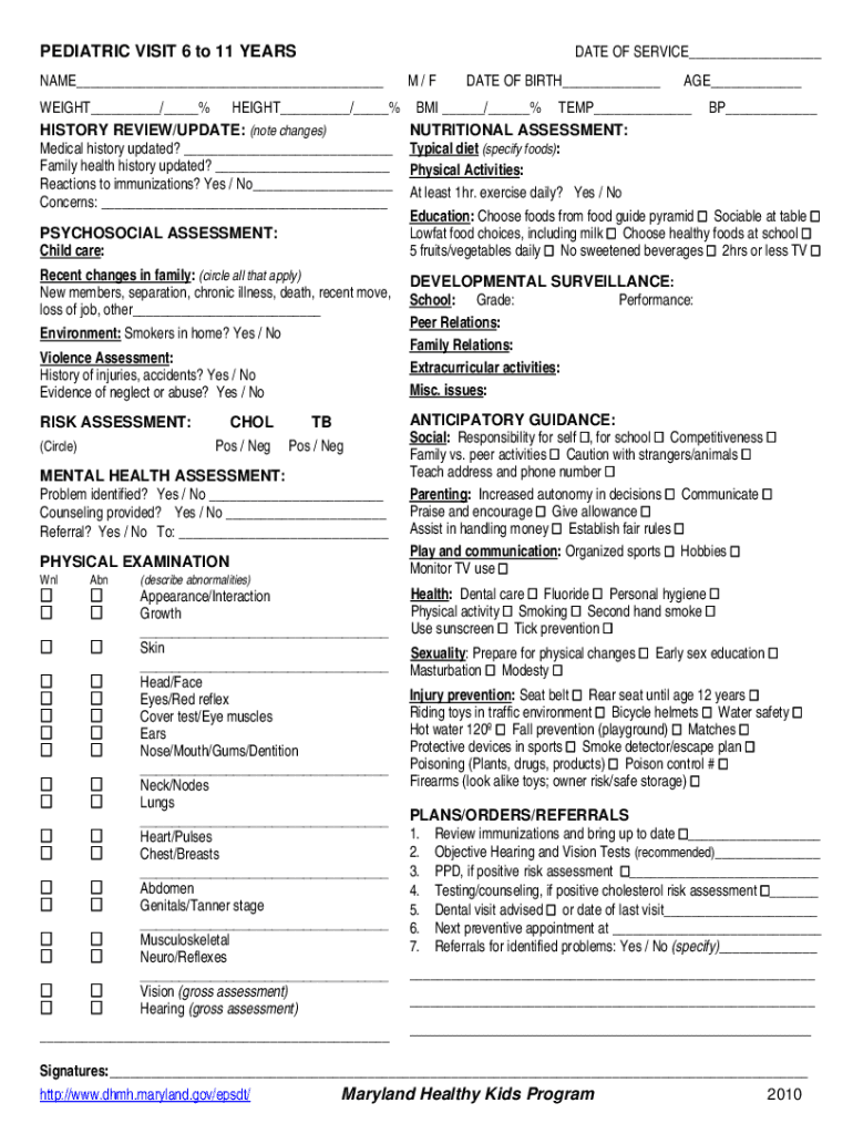 Fillable Online Pediatric Visit 6 To 11 Years Form printable pdf ...