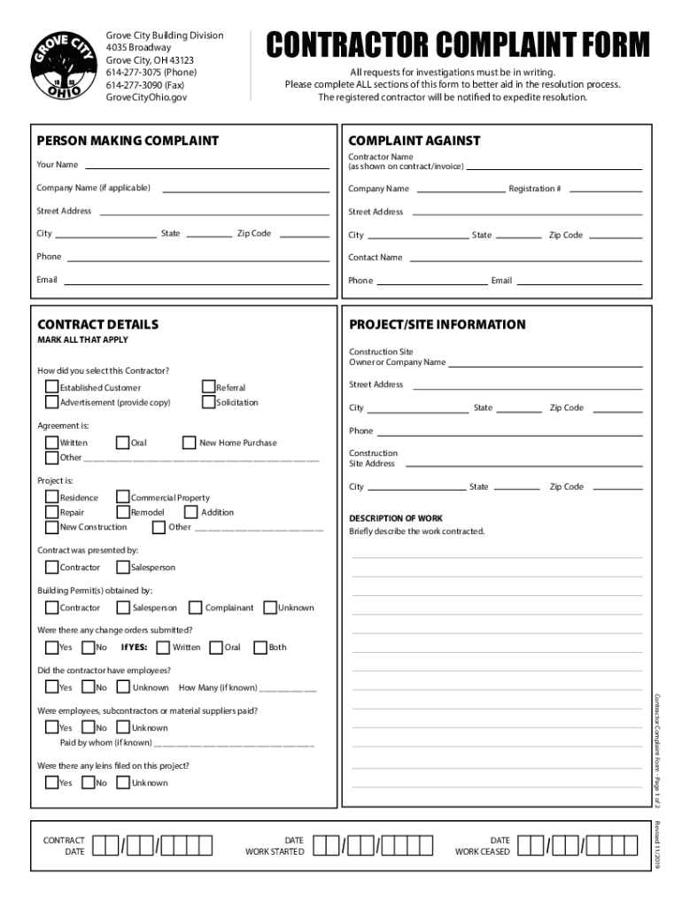 Fillable Online CONTRACTOR COMPLAINT FORM - grovecityohio.gov Fax Email ...