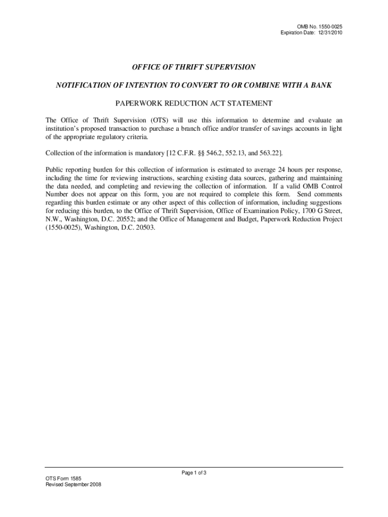 Fillable Online 78034, OTS Form 1585, Notification of intention to ...