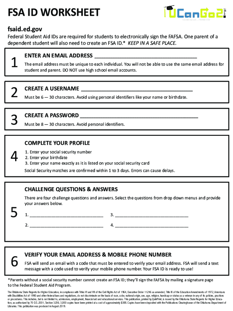 Fillable Online FSA ID Worksheet - OTC Student Affairs - Students Fax ...