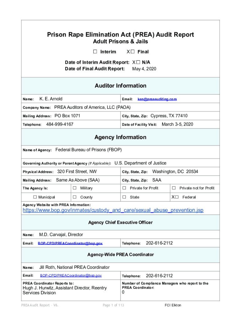Fillable Online Prison Rape Elimination Act (PREA) Audit Report Adult ...