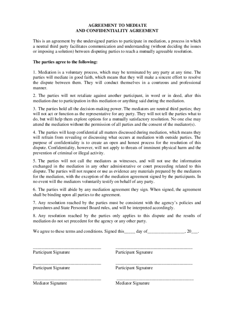 Fillable Online Sample Agreement to Mediate - MarksPowers Fax Email Print - pdfFiller
