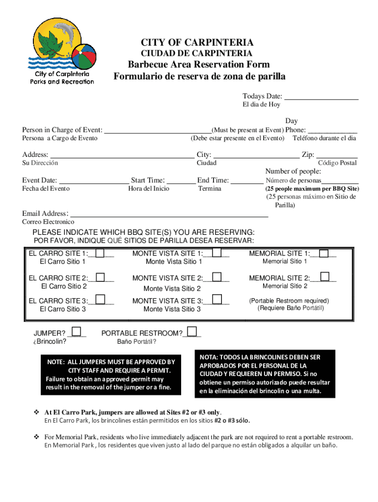 Fillable Online CITY OF CARPINTERIA Barbecue Area Reservation Form ...