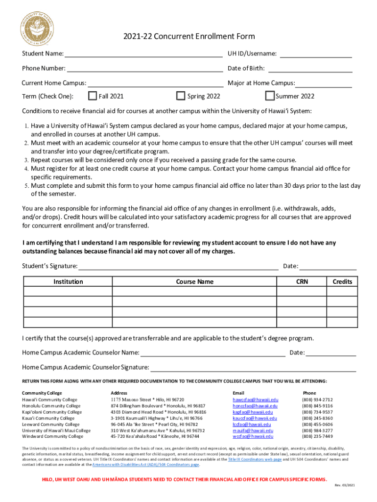 Fillable Online uhcc hawaii Concurrent Enrollment Form 2021-22 Fax Email Print - pdfFiller