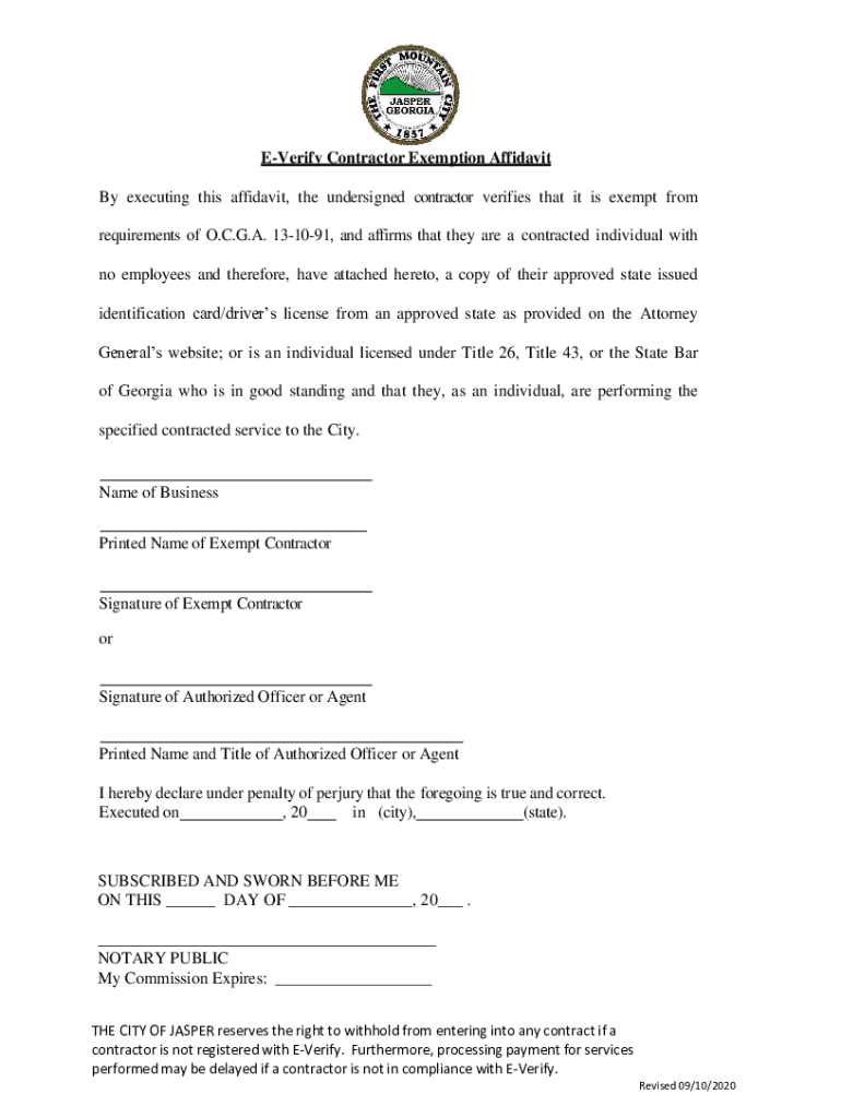 Fillable Online E-Verify Contractor Exemption Affidavit - jasper-ga.us ...