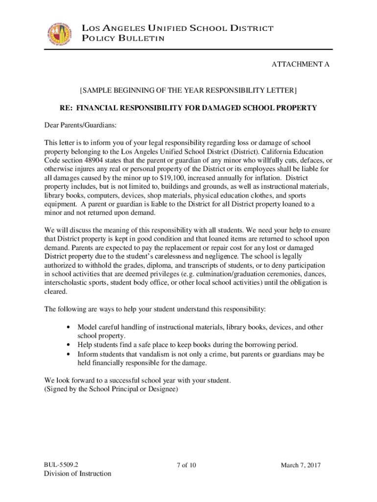 Fillable Online SAMPLE BEGINNING OF THE YEAR RESPONSIBILITY LETTER Fax ...