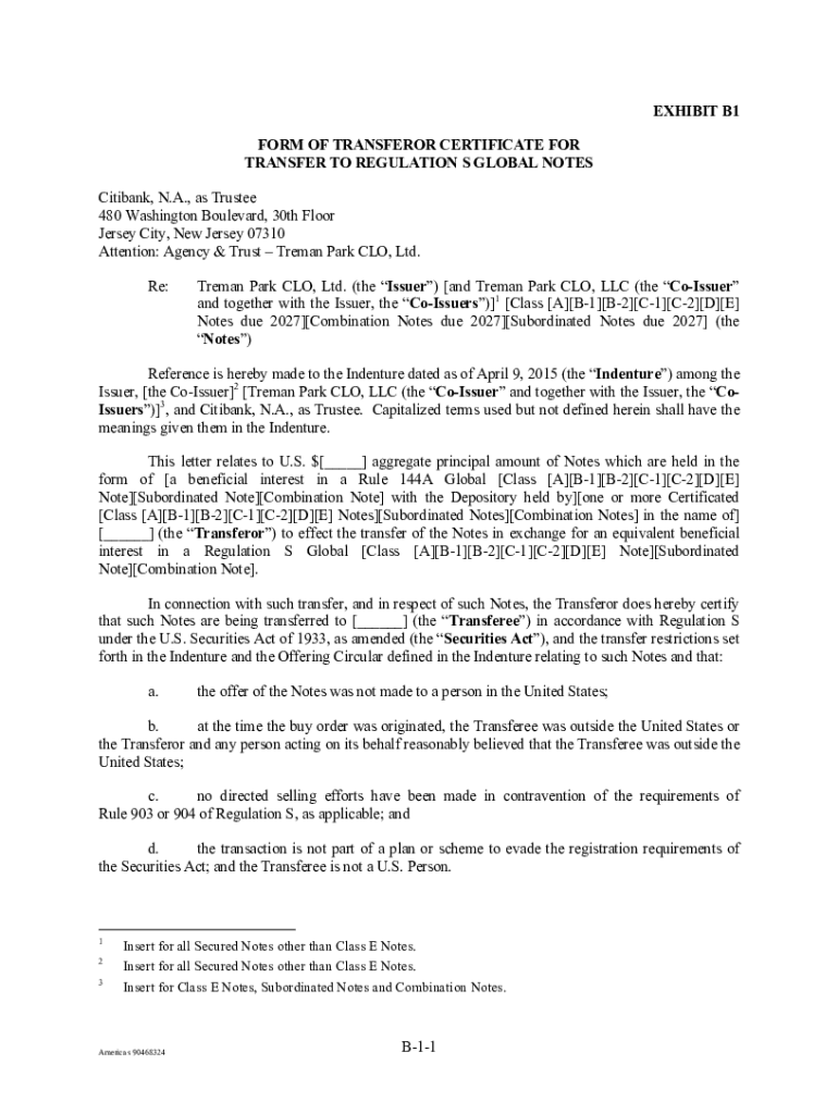 Fillable Online EXHIBIT B1 FORM OF TRANSFEROR CERTIFICATE FOR TRANSFER TO ... Fax Email Print ...