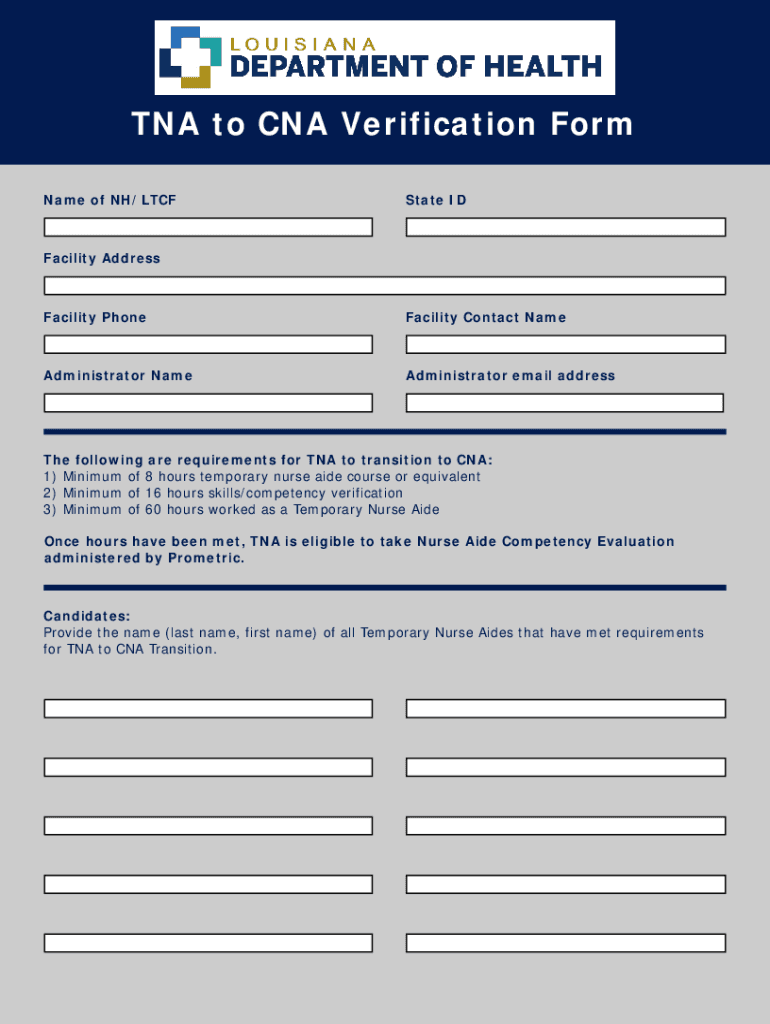 Fillable Online TNA to CNA Verification Form - Louisiana Department of ...